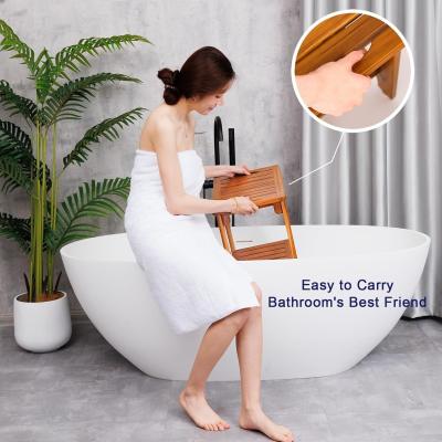 China Wooden Bathroom Spa Bathing Stool with Handle and Shelf in Natural Color Teak Wood for sale