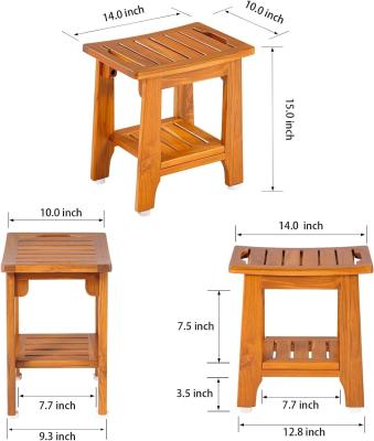 China Wooden Bathroom Spa Bathing Stool with Handle and Shelf in Natural Color Teak Wood for sale