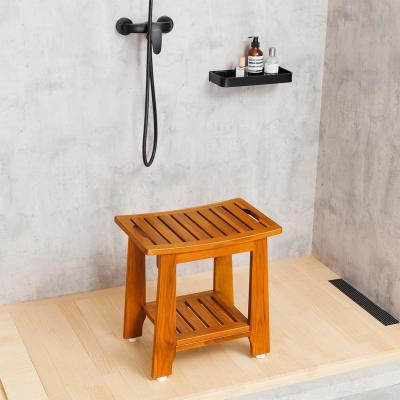 China Wooden Bathroom Spa Bathing Stool with Handle and Shelf in Natural Color Teak Wood for sale