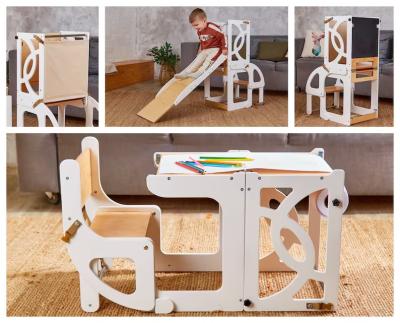 China Wooden Kids Kitchen Step Stool Convertible Toddler Tower Table 7 in 1 Seatback and Slide for sale