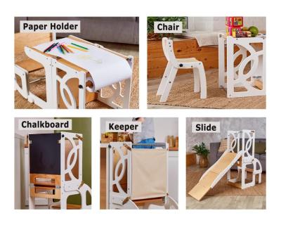 China Wooden Kids Kitchen Step Stool Convertible Toddler Tower Table 7 in 1 Seatback and Slide for sale