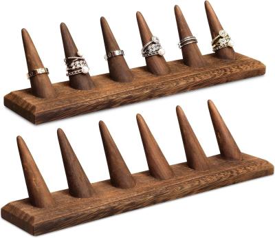 China Double Tier Custom Wooden Jewelry Finger Ring Display Stand Organizer with Logo Design for sale