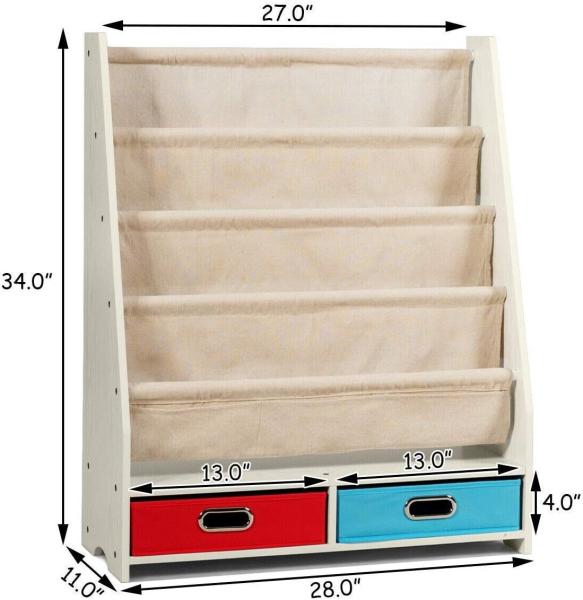 Arredamento per soggiorno Organizzatore di librerie in legno con 4 scaffalature e 2 scatole per giocattoli estraibili