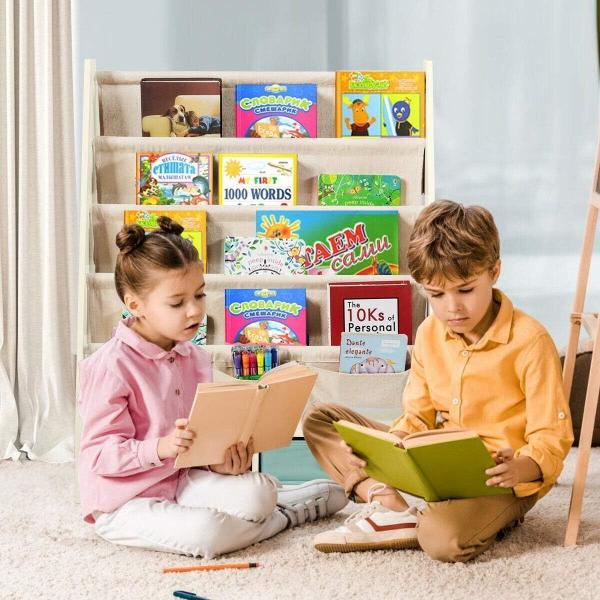 Arredamento per soggiorno Organizzatore di librerie in legno con 4 scaffalature e 2 scatole per giocattoli estraibili