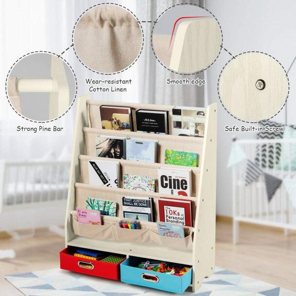 Arredamento per soggiorno Organizzatore di librerie in legno con 4 scaffalature e 2 scatole per giocattoli estraibili