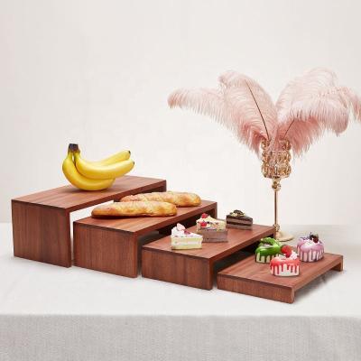 China Sapele Wood Buffet Catering Food Bread Display Rack Wooden Cake Dessert Sushi Display Stand for sale