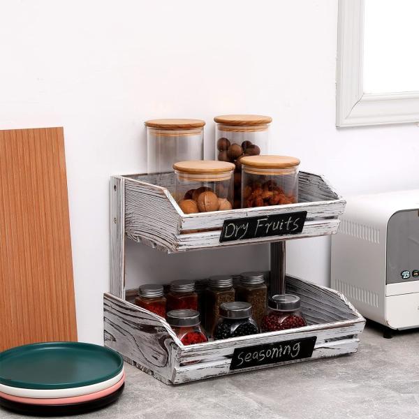 Quality Farmhouse Standing Wooden Organizer 2 Tier Food Basket Holder for Kitchen for sale
