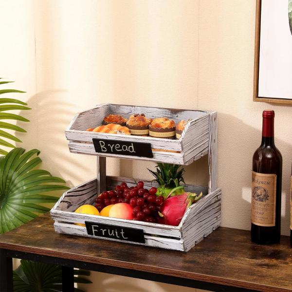 Quality Farmhouse Standing Wooden Organizer 2 Tier Food Basket Holder for Kitchen for sale