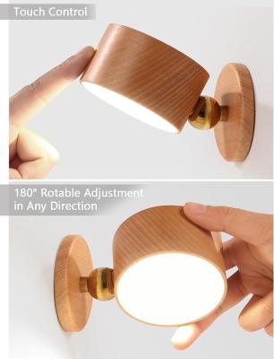 China Wall Lamps LED 360 Rotation Dimming Rechargeable Cordless Battery Operated Wooden Sconce for sale
