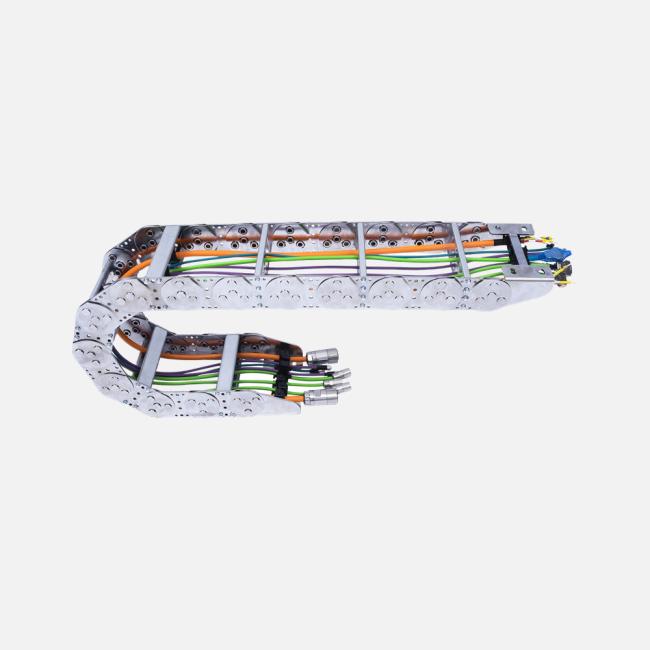 Close-up view of steel cable carrier chain