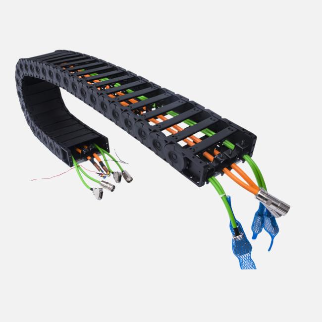 Close-up view of cable chain track components