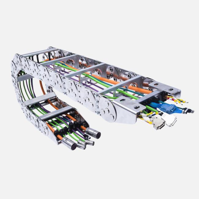 Detailed view of cable chain track connectors
