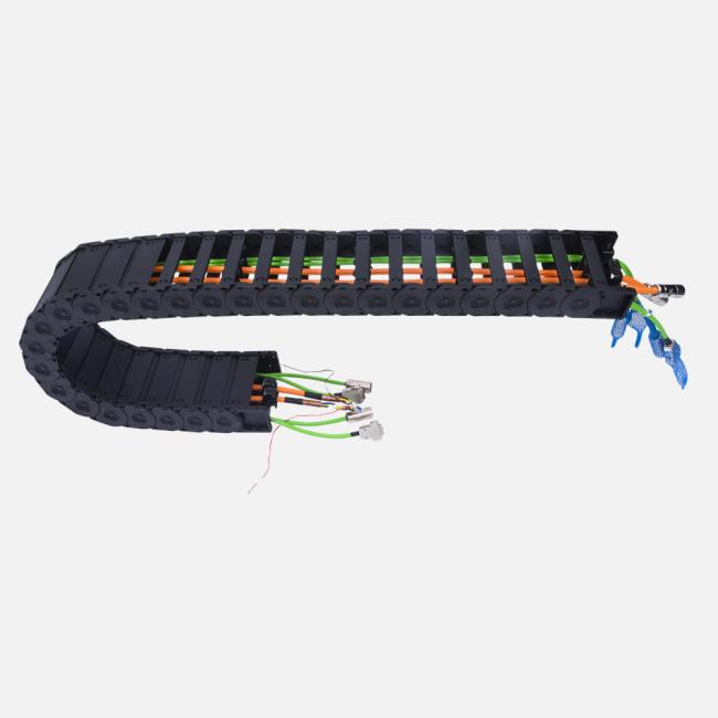 Detailed view of cable management system with drag chain