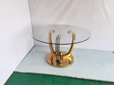 China Unbedeutende Goldedelstahl-Basis-Speisetisch mit Glasplatte zu verkaufen