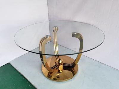 China Unbedeutende Goldedelstahl-Basis-Speisetisch mit Glasplatte zu verkaufen