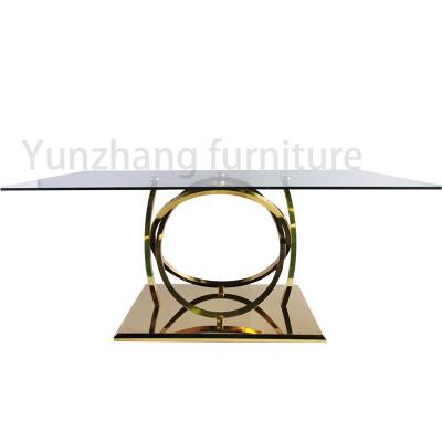 China Family Use Hotel Glass Top Dining Table Ring Bottom Frame Stainless Steel Base for sale