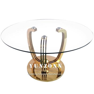 China Top de cristal moderado 10m m grueso transparente de Round Dining Table del modelo de lujo con la base del oro en venta