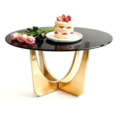 China Luxury Round Stainless Steel Wedding Table Event Design Gold Glass Top Dining Table for sale