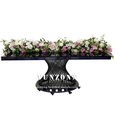 China Hotel Banquet Glass Top Black Dining Table Stainless Steel Rectangle Metal Wedding Table for sale