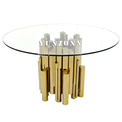 China Event Decorations Stainless Steel Base Glass Top Luxury Gold Ghost Cake Table for sale