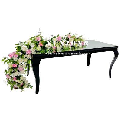 China Mirror Tempered Glass Event Wedding Table Rectangular Shape Black Stainless Steel Hotel Restaurant Table for sale