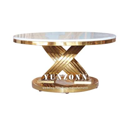China Modern Gold Metal X-base Round Marble Top Coffee Tables Side Table for sale