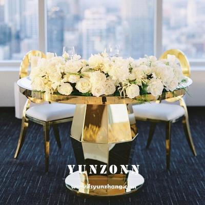 China Selling New Model Gold Stainless Steel Wedding Round Mirror Glass Top Cake Table Stand for sale