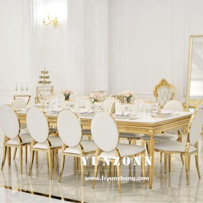 China Modern Gold Frame Glass Dining Table with Long Rectangular Design Wedding Reception Outdoor Hotels Living Room Parties for sale