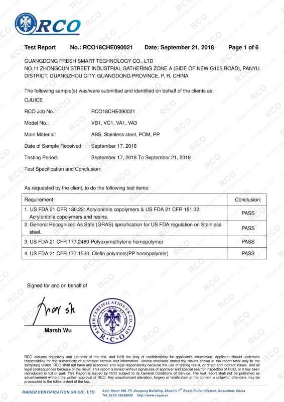 FDA - Guangdong Fresh Smart Technology Co., Ltd.