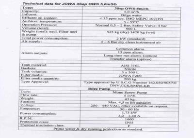 Cina JOWA Marine Oil Water Separator, acqua separatore 3 SETTEMBRE marino oleoso - OWS 5,0 M3/H in vendita