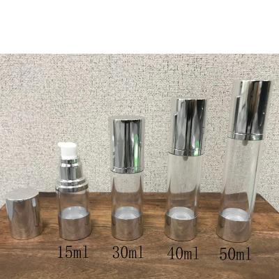 China Stock Empty 15ml 30ml 40ml 50ml Screw Lock Pump Plastic Airless Lotion Pump Bottle Silver Cap for Cosmetic Packaging for sale