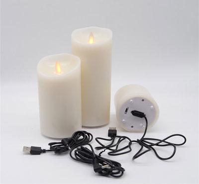 China Real Wax Flameless Ivory Electric Moving Flame Led Rechargeable Pillar Candle With Timer for sale