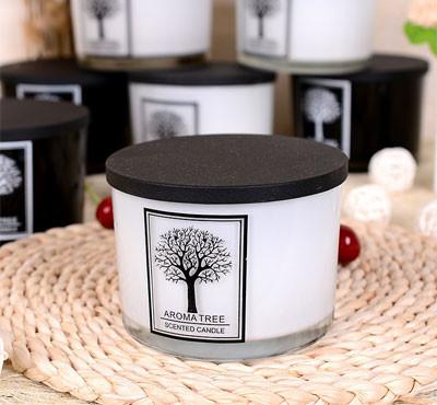 China Tree Shape Simple Pattern Soy Wax Glass Jar Candles With Stainless Steel Cover for sale