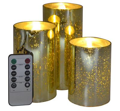 China Moving Flame Gold Mercury Glass Flameless Pillar Candles for sale