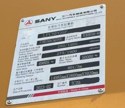 China 2023.2 Production Year Sany STC800C6-8 80t Used Truck Crane with 25.5 tons Counterweight for sale
