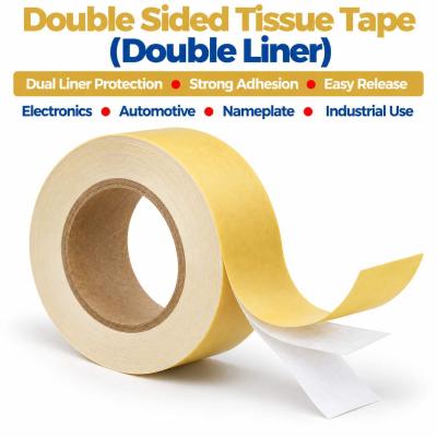 China Double-Sided Tissue Tape / Double-Coated Tissue Tape / Tissue Mounting Tape with Water-Based Adhesive and Two Release Paper Liners for Staged Bonding and Indoor Assembly for sale