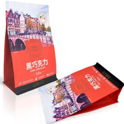 China Custom Plastic Bags Packaging Ziplock Stand Up Pouch Gusset Chocolate Coffee Eight Side Sealed Flat Bottom Bag With Zipper for sale