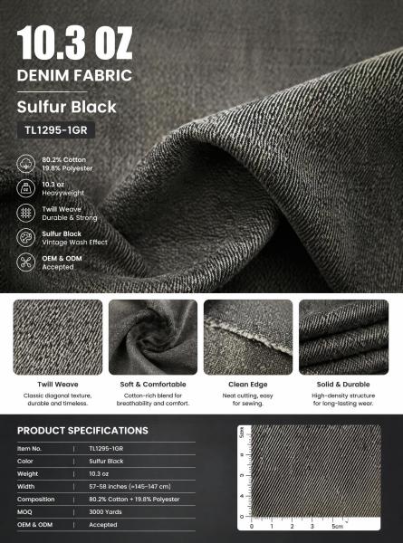 Quality 10.3oz Sulphur Black Cotton-Polyester Denim for Durable Jeans & Daily Apparel for sale