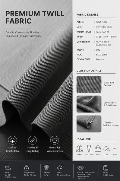 Quality 13.4oz Mercerized Black Cotton-Polyester Heavyweight Denim for Durable Jeans & Workwear for sale