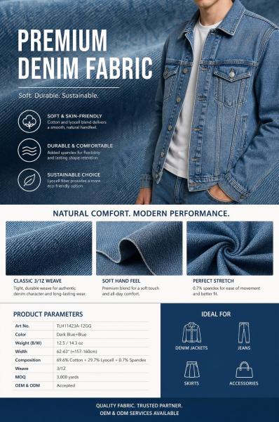 Quality 12.5 Dark Blue+Blue Cotton-Lyocell Stretch Denim for Premium Jeans & Casual Apparel for sale