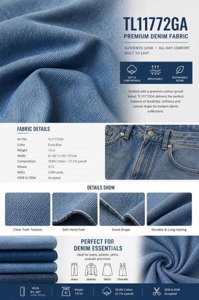 Quality 13oz Extra Blue Cotton-Lyocell Heavyweight Denim for Classic Jeans & Workwear Apparel for sale