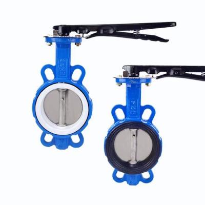 China Handmatige veerkrachtige zittende buigsame gietijzeren industriële controle wafer lug vlinderkleppen met EPDM PTFE PFA rubber bekleding Te koop