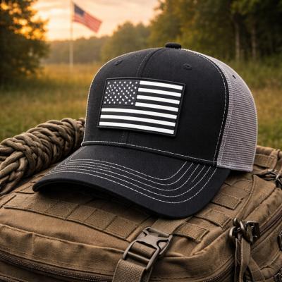 China American Flag Trucker Hat – Custom PVC Patch Mesh Cap | Tactical Snapback Trucker Hat | Breathable Outdoor & Military Style Cap for sale