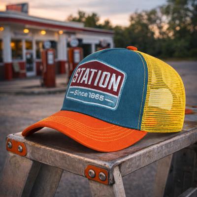 China Retro Trucker Hat – Vintage Patch Mesh Cap | Color Block Snapback Trucker Hat | Breathable Outdoor & Streetwear Cap for sale