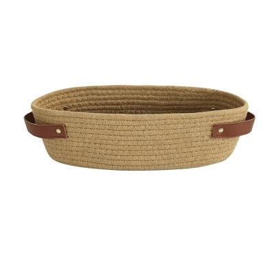 China Cotton Woven Rope Storage Basket Foldable Leather Handles Home Houseware for sale