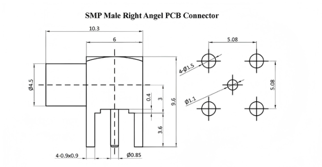 SMP-JWE Right Angle PCB Connector dimensional drawing