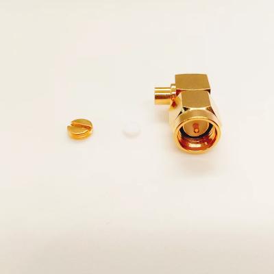 China Gold Plated Brass SMA RF Connector with DC-6GHz Frequency Range and Right Angle Welded Design for RG405/086 Cable for sale