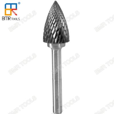 China Arc Pointed Nose Type G Tungsten Carbide Rotary Burrs Tree Shape Double thread  6mm shank for sale