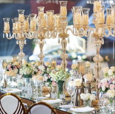 China New Design Luxury Wedding Decoration Candle Holder Tall Champagne Crystal Candelabra for sale