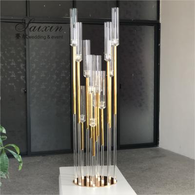 China New Design Crystal Candelabra 12 Arms Tall Wedding Decoration Gold Wedding Centerpiece Candelabra for sale